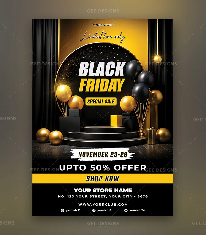 Black Friday super sale flyer design template with balloons - GEC Designs