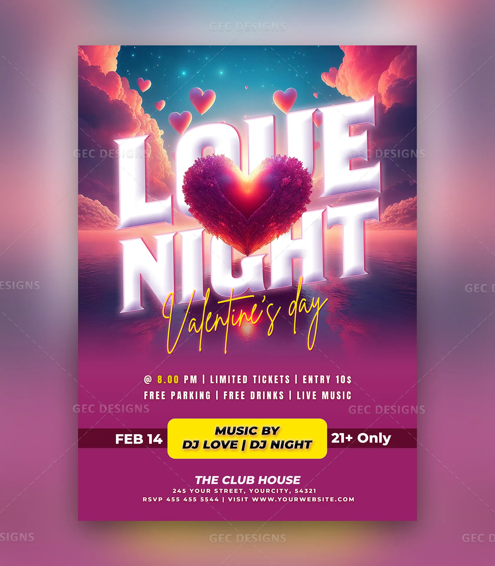 Valentine’s Day club party flyer template - GEC Designs