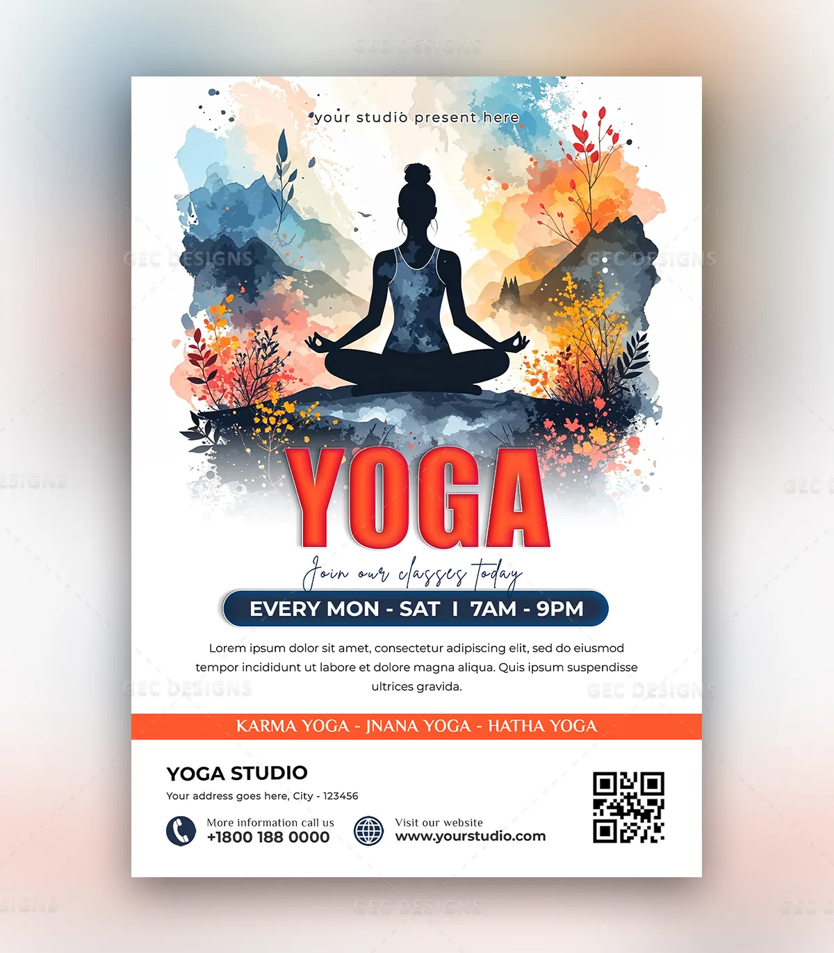 Yoga Day Flyer Template with Silhouette in Watercolor Mountain Scene ...