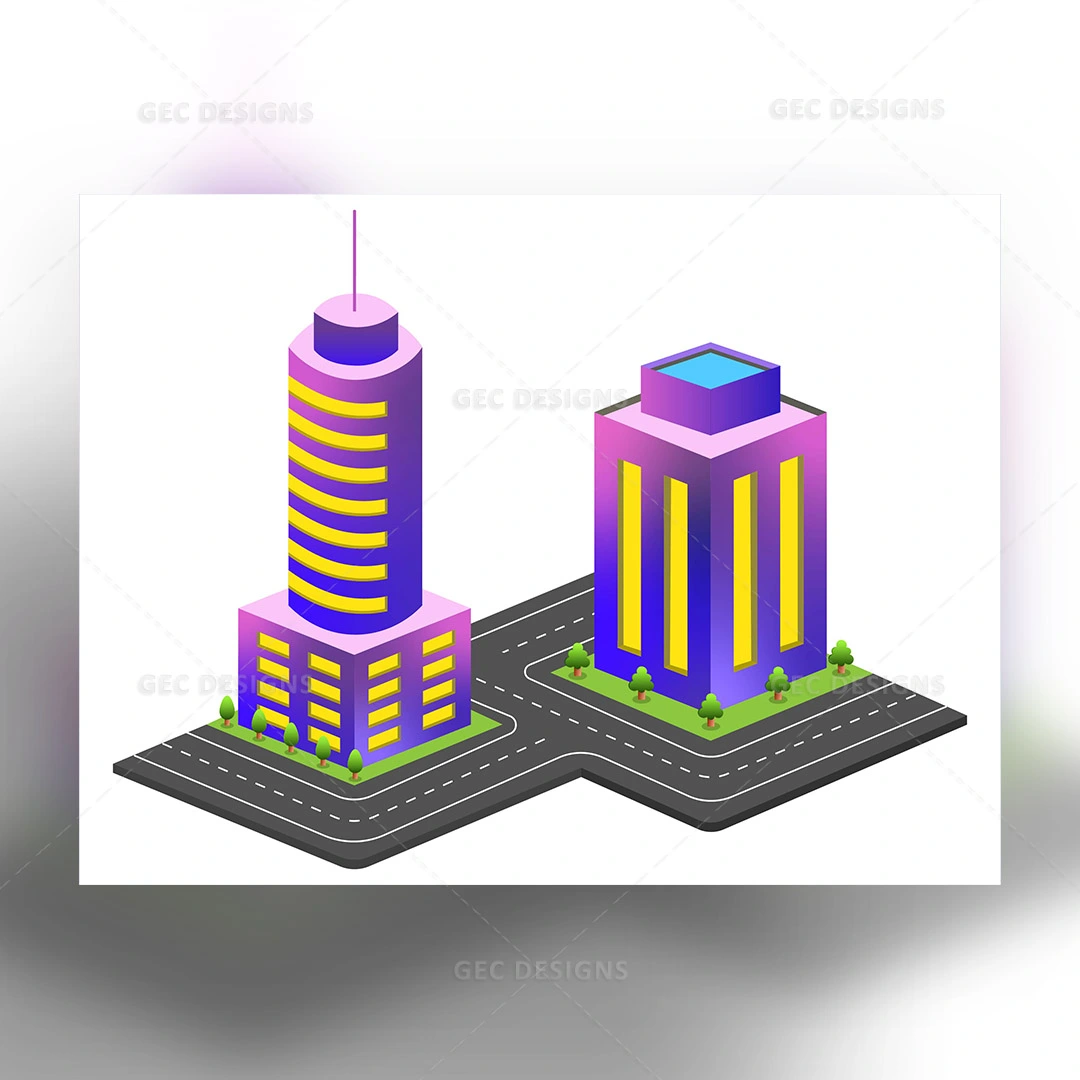 Isometric buildings with gradient color | GEC Designs