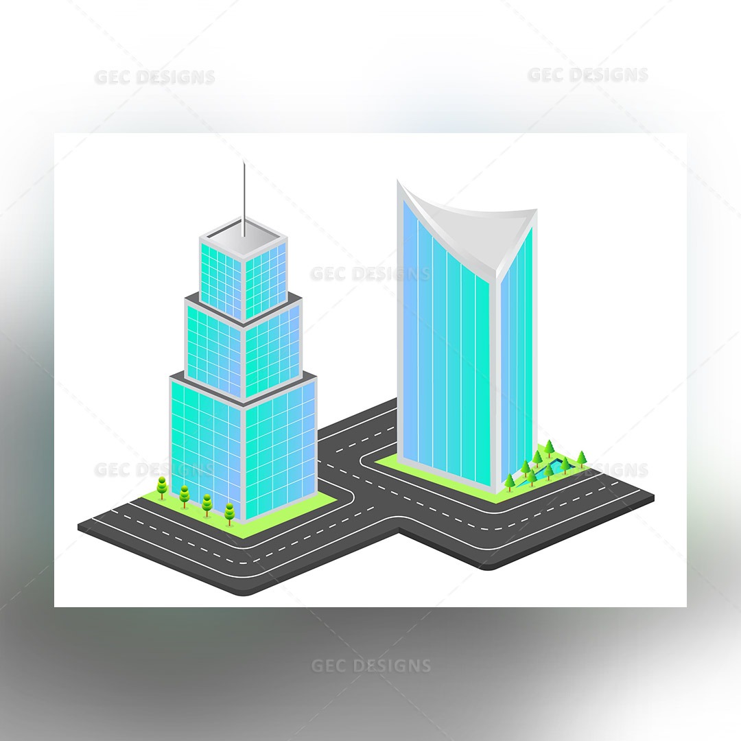 Sky blue glossy isometric buildings | GEC Designs