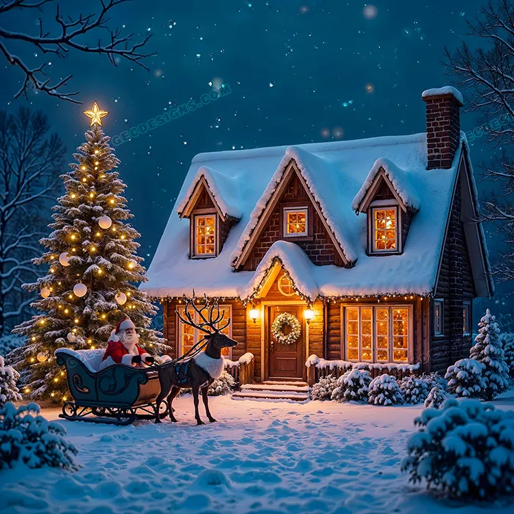 A Christmas scene with Santa Claus in a Reindeer sleigh parked outside ...