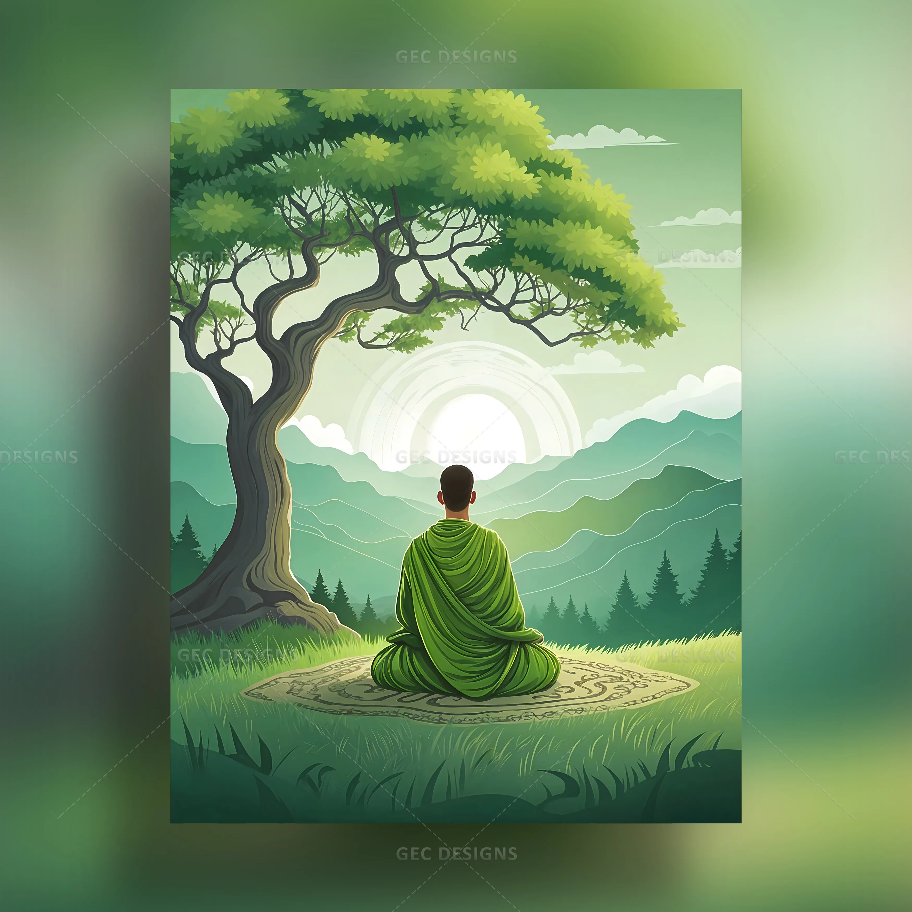 A Monk meditates under a tree with a beautiful fantasy natural ...