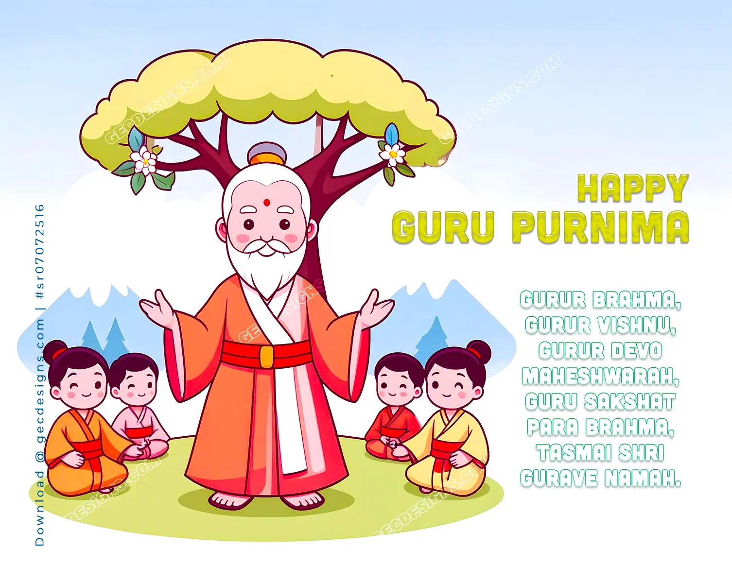 Adorable Guru Purnima Image with Guru and Mantra Surrounded by Disciples - GEC Designs