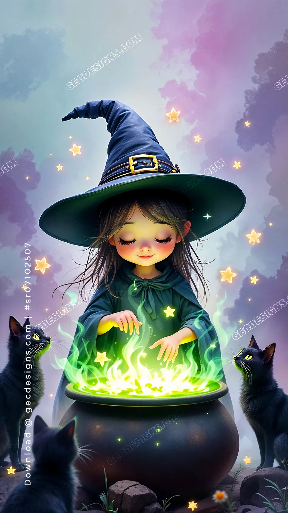 Adorable Halloween Image with Little Witch, Magical Cauldron, and Black ...