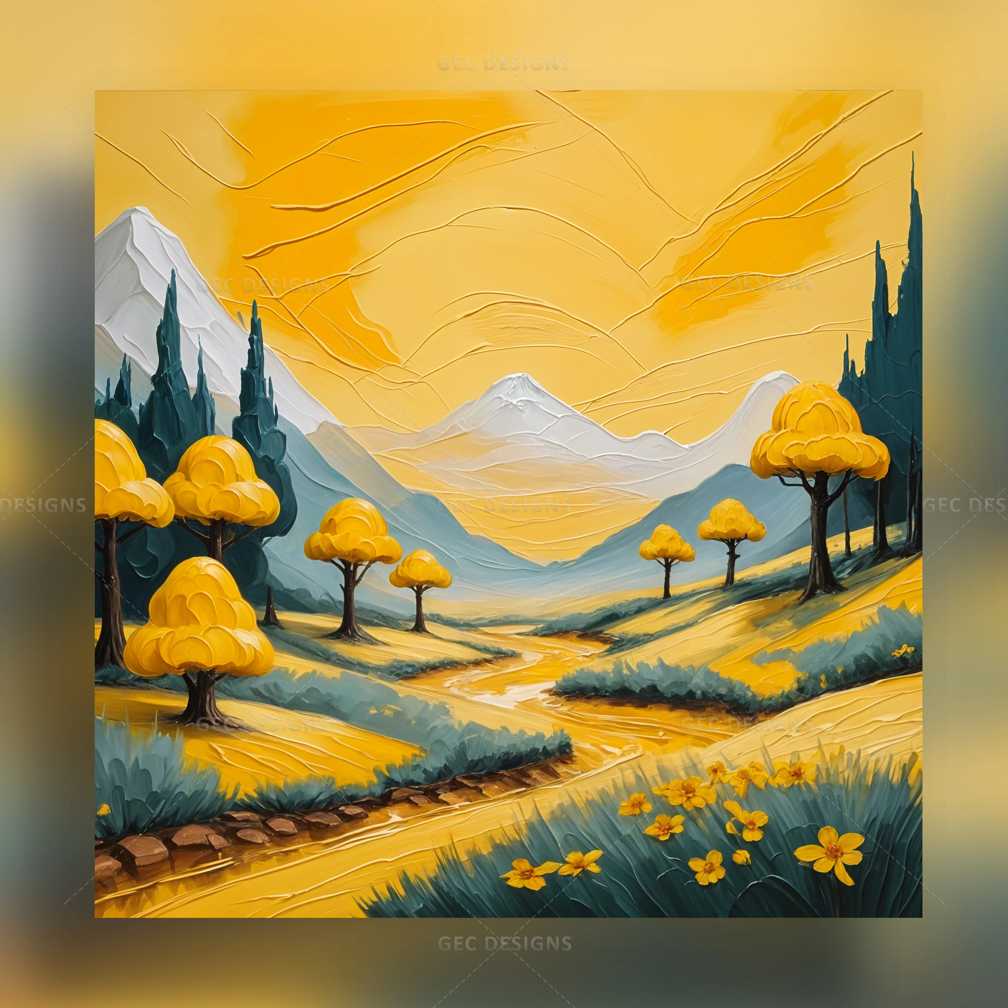 Aesthetic yellow valley with trees, river, flowers oil painting ...