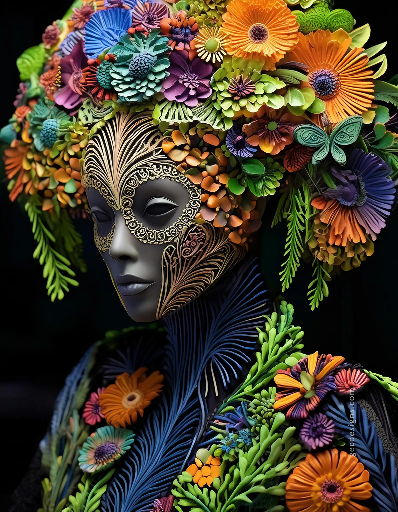 Alien Woman's face with colorful Plants and Flowers wallpaper - GEC Designs