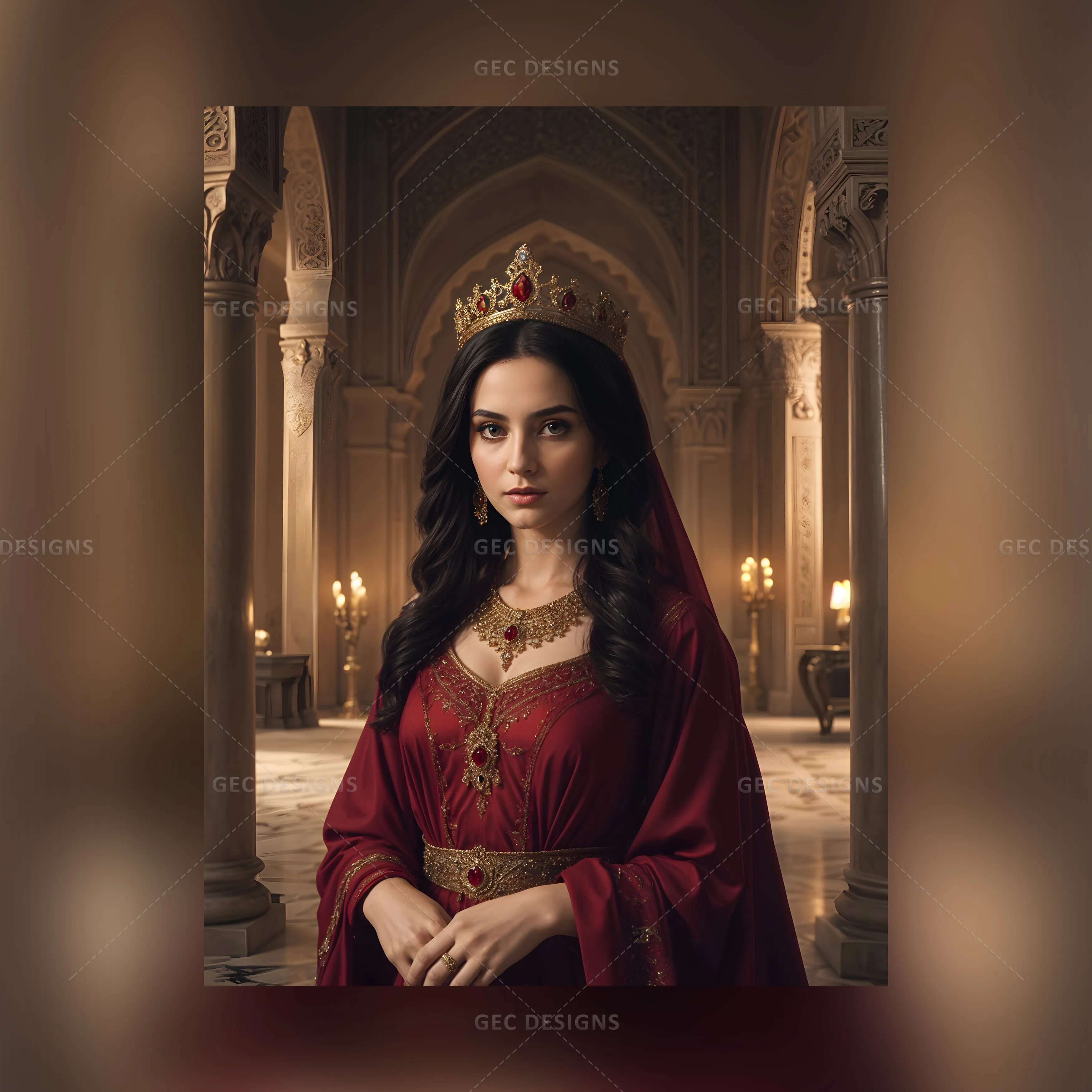 Ancient princess with traditional attire and crown, palace background ...