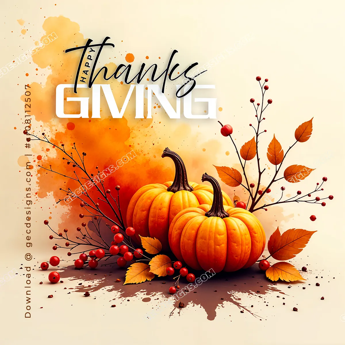 Happy Thanksgiving image with elegant autumn florals, berry branches ...