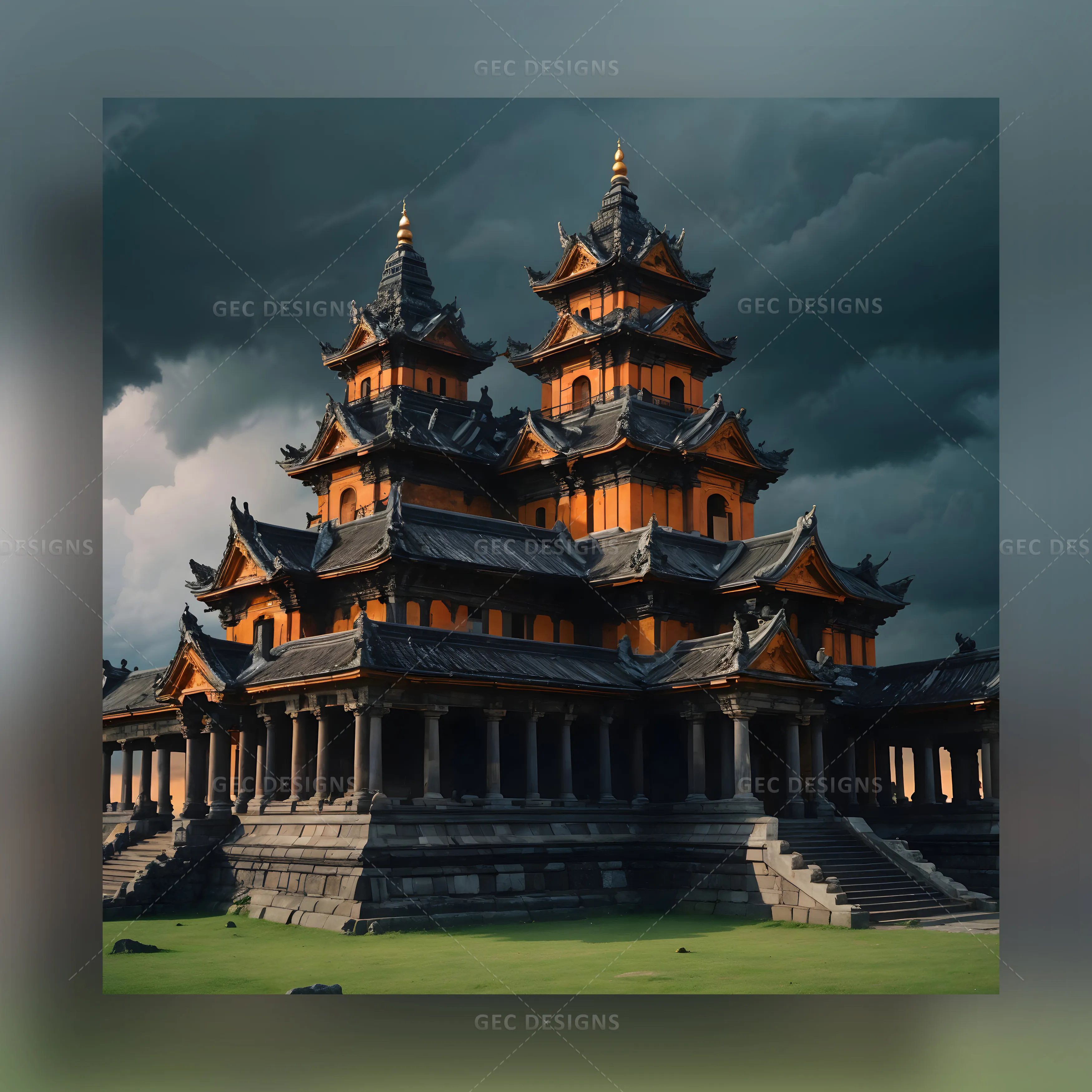 Beautiful ancient Thai temple with dark clouds background AI Generated ...