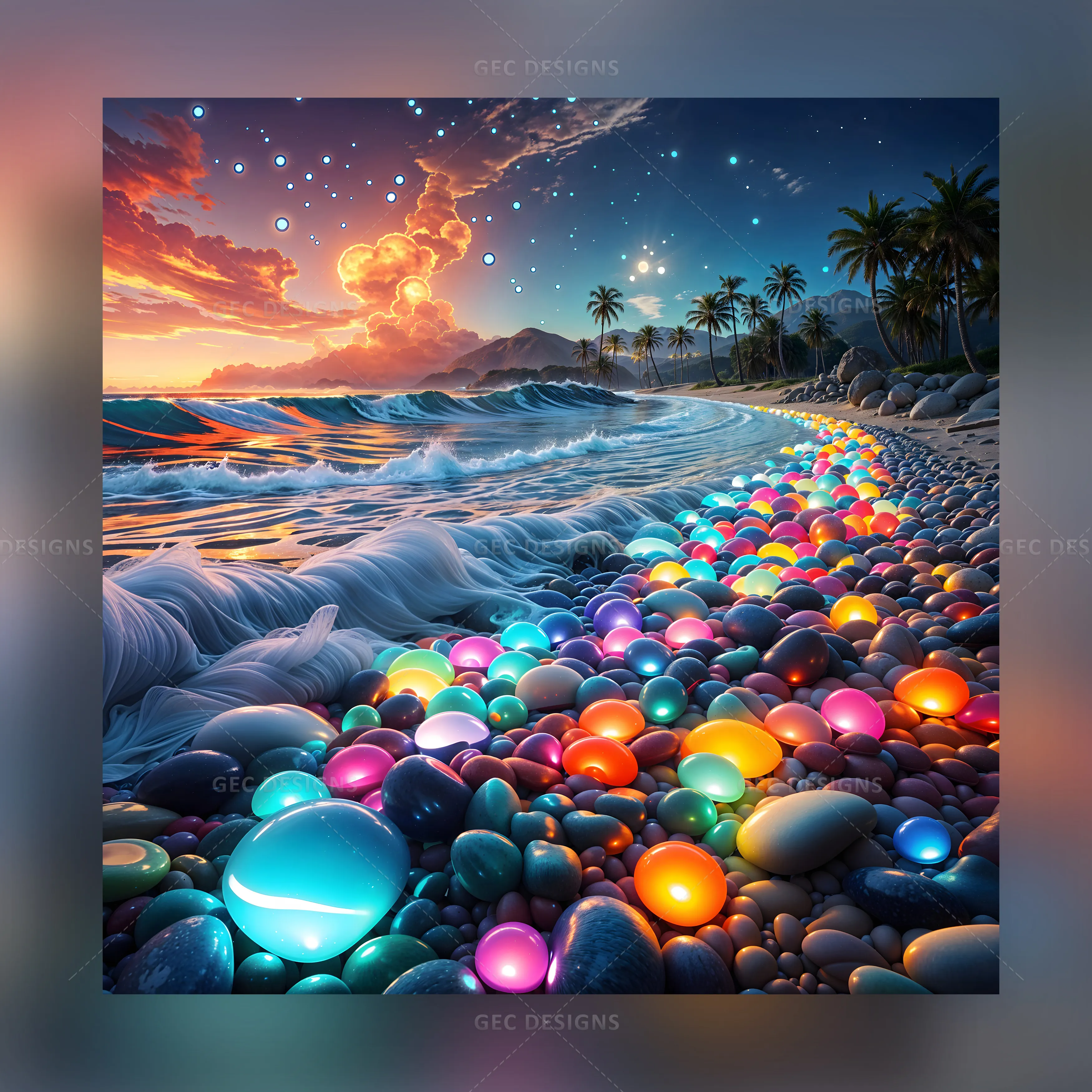 Beautiful fantasy tropical beach with glittering pebbles and star night ...