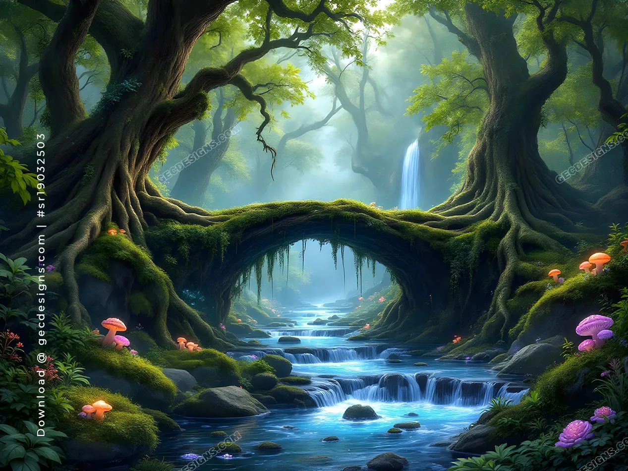Beautiful Forest with Root bridge and Waterfall wallpaper - GEC Designs