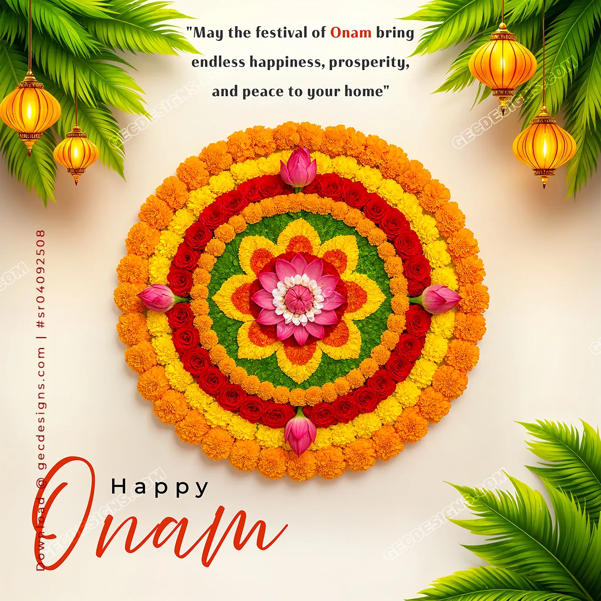 Beautiful Happy Onam 2025 Wishes Image with Colorful Pookalam - GEC Designs