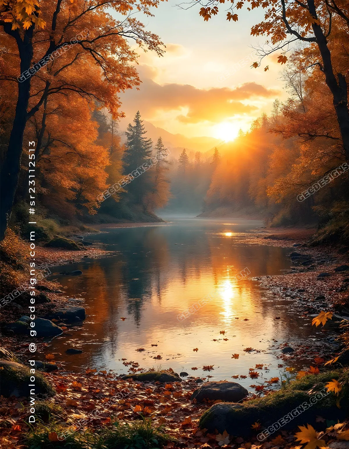 Beautiful nature image portraying a sunlit forest river with warm ...