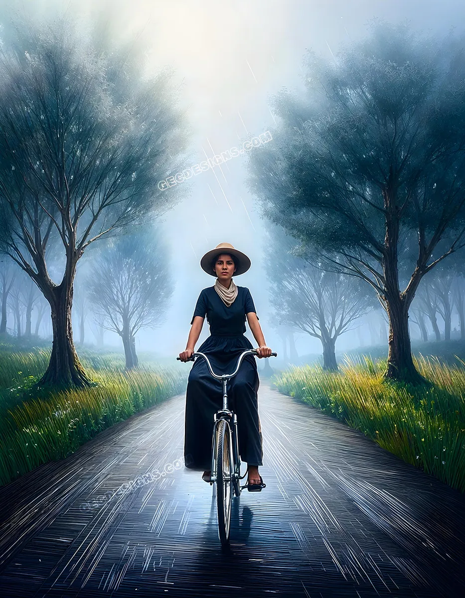 Beautiful Young Girl Riding a Bike in an enchanted Misty Forest ...