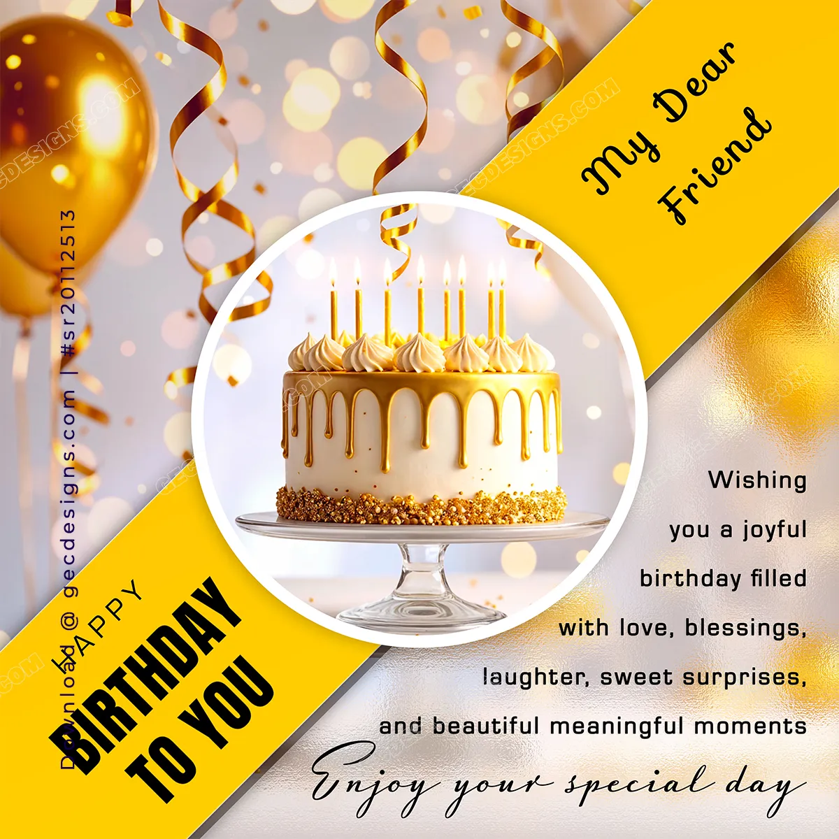 Happy Birthday wishes with blue and gold balloons, birthday cake, and ...