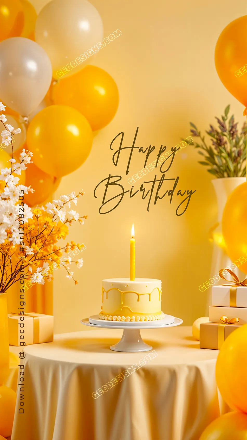 Bright Happy Birthday Wishes Image with Yellow Cake and Balloons - GEC ...