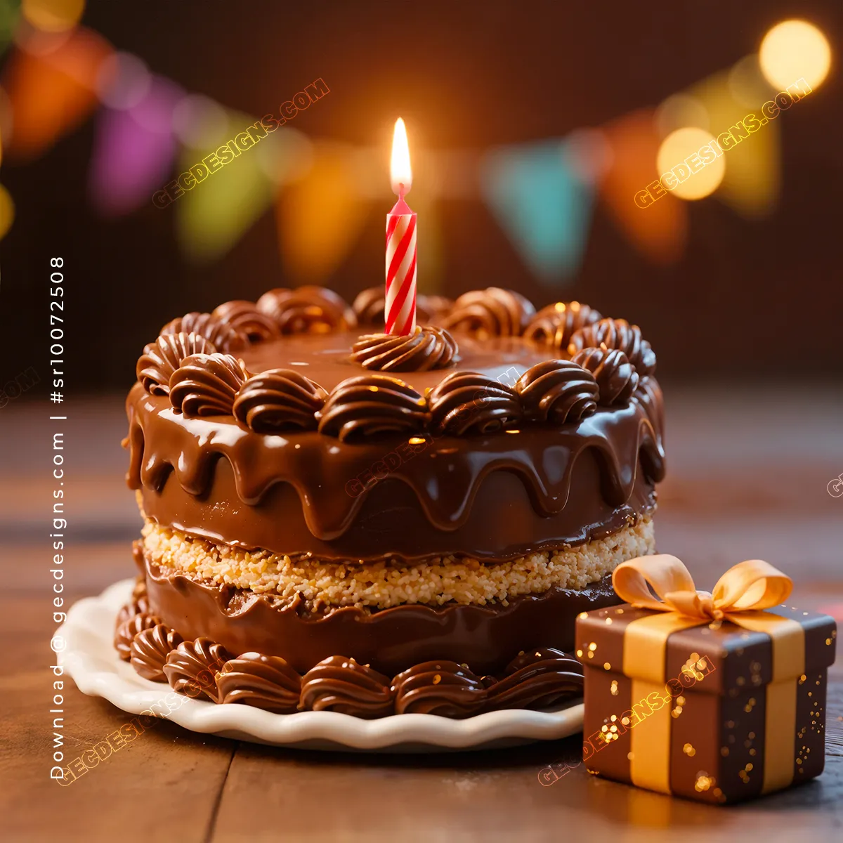 Chocolate Birthday Cake Image with Candle and Gift Box on Wooden Table ...