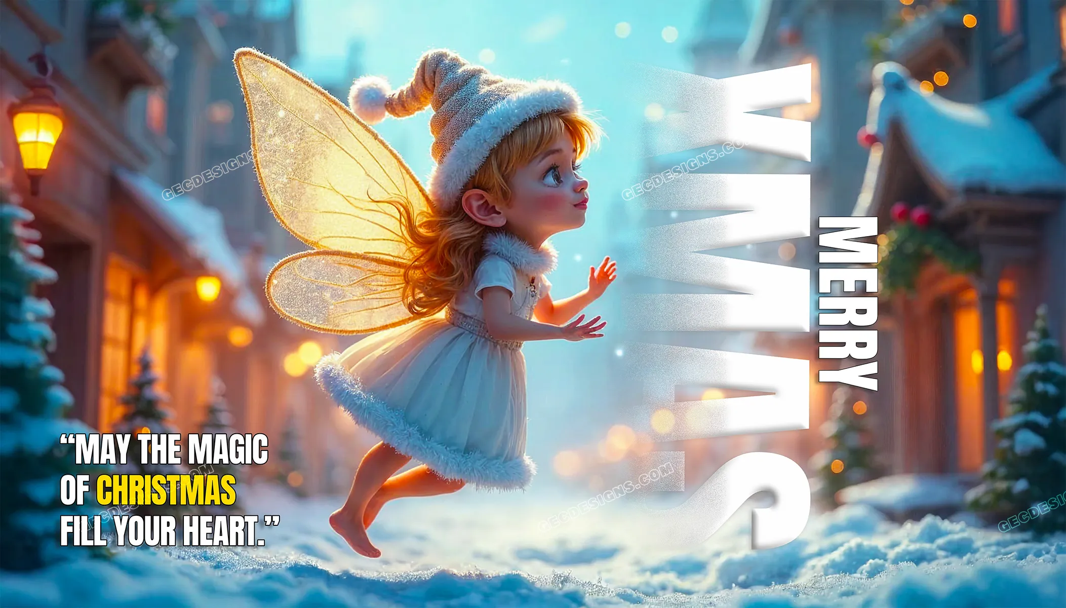 Christmas angel flying in the winter town Christmas celebration ...