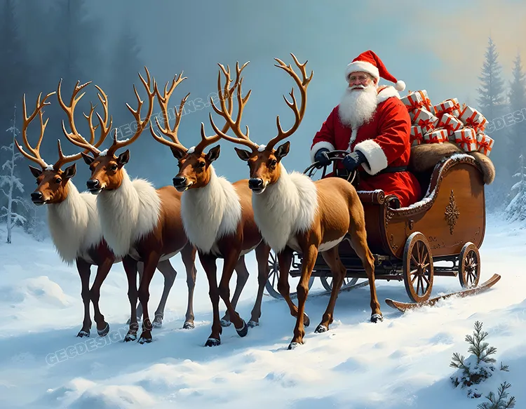 Christmas wallpaper, Santa Claus riding on a Reindeer sleigh with gifts ...