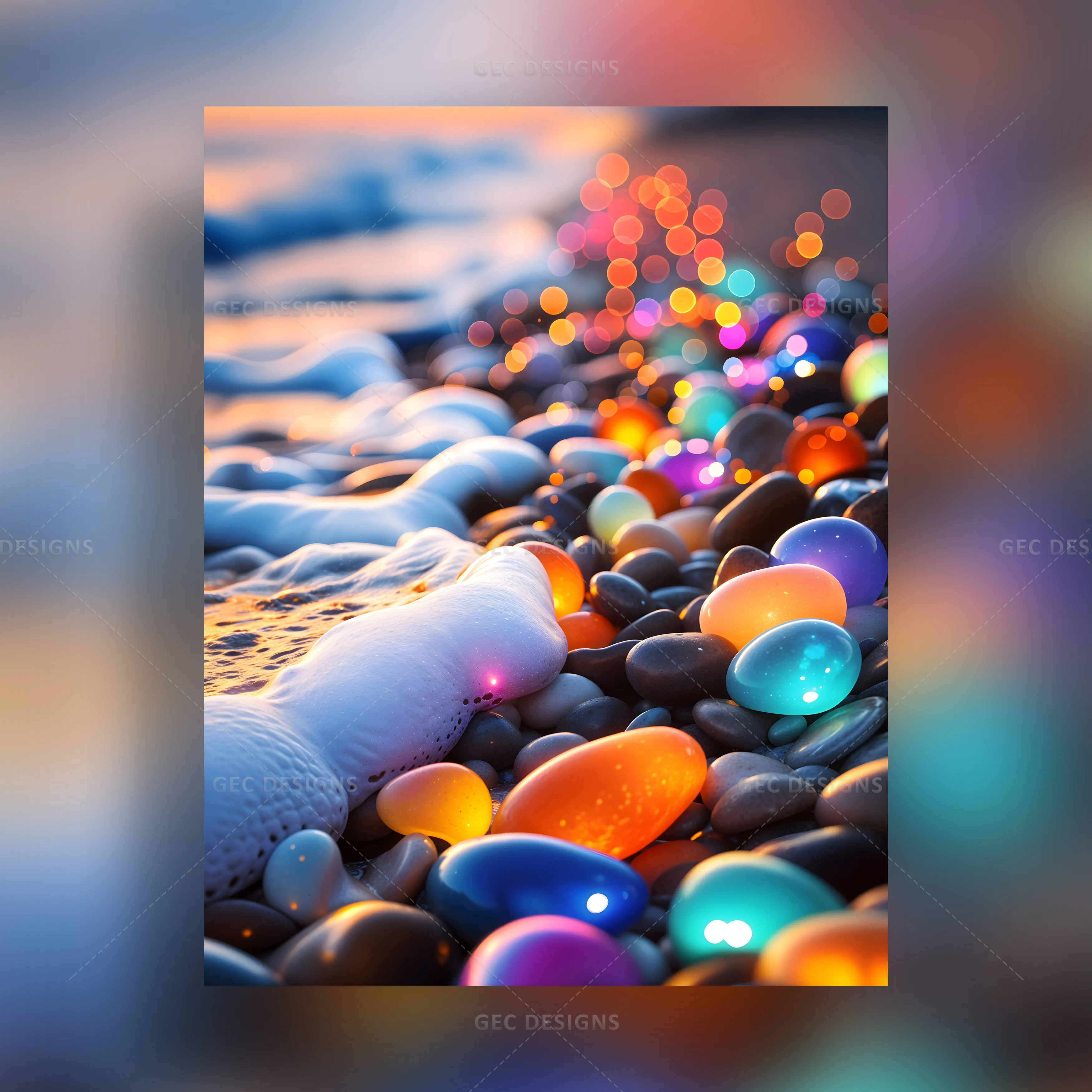 Colorful pebbles on the beach at sunset background wallpaper | GEC Designs