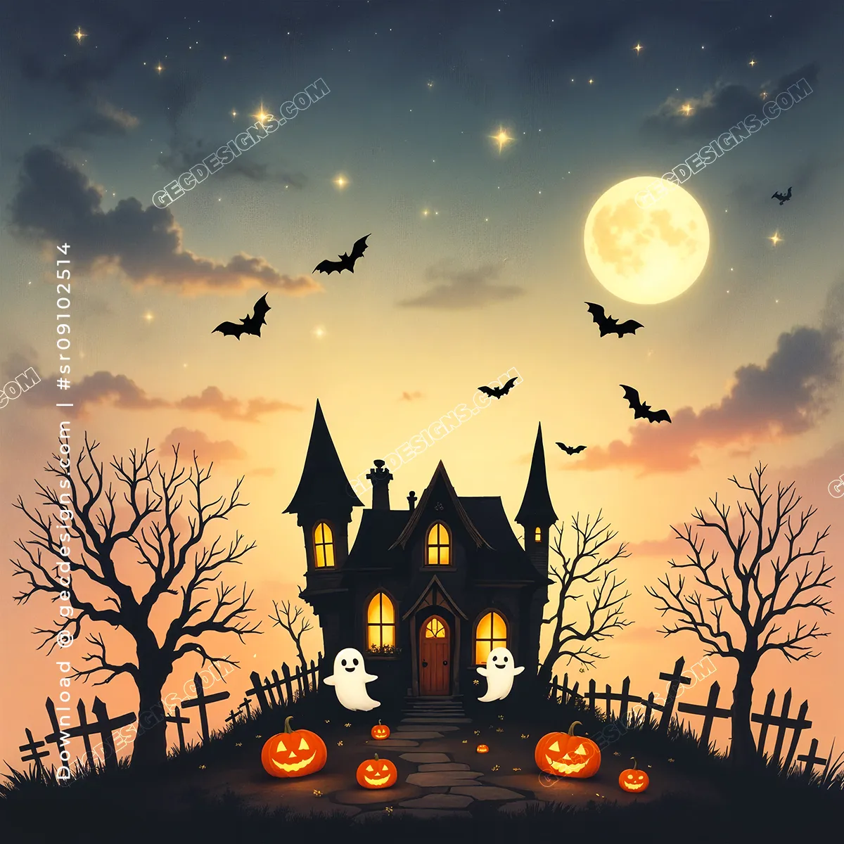 Cute Happy Halloween Image with Haunted House, Ghosts, Pumpkins, and ...