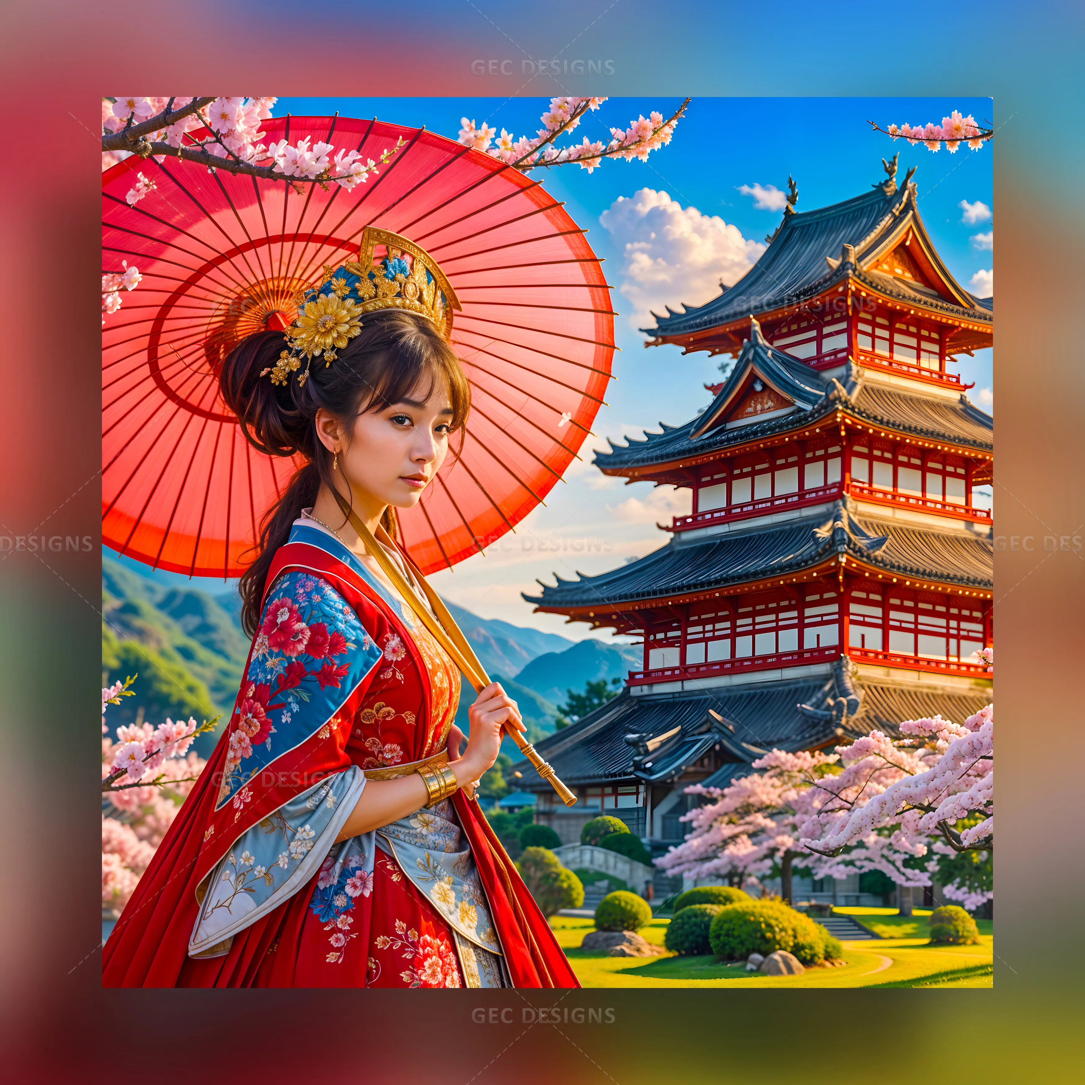 Cute Japanese princess with traditional attire and umbrella | GEC Designs