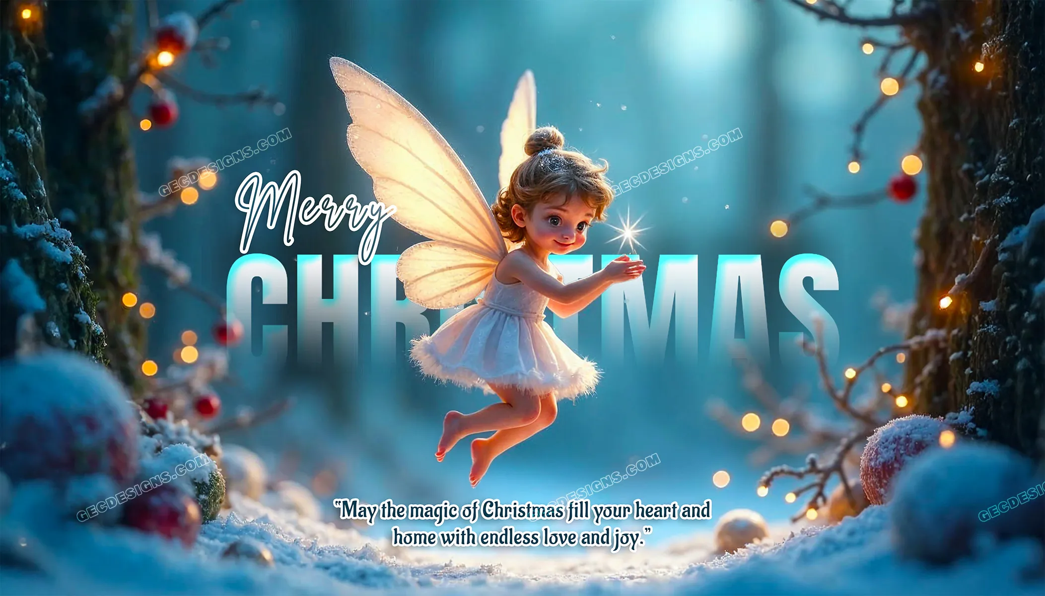 Cute little Christmas fairy in Christmas celebration snowy forest ...