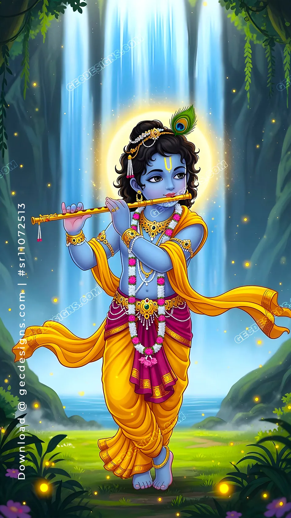 Cute Lord Krishna iPhone Wallpaper with Flute and Waterfall Background ...