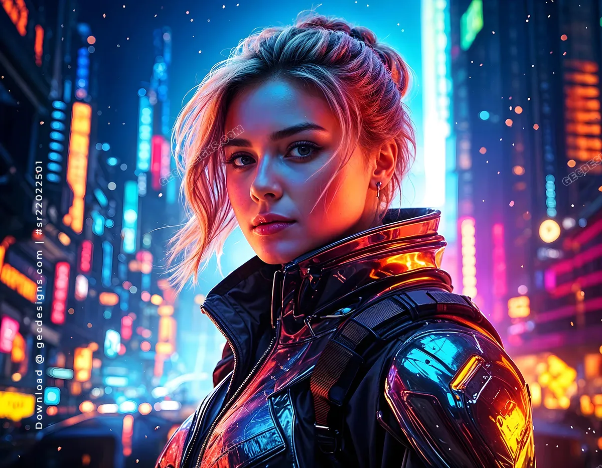 Cyberpunk Girl in neon lights background wallpaper - GEC Designs