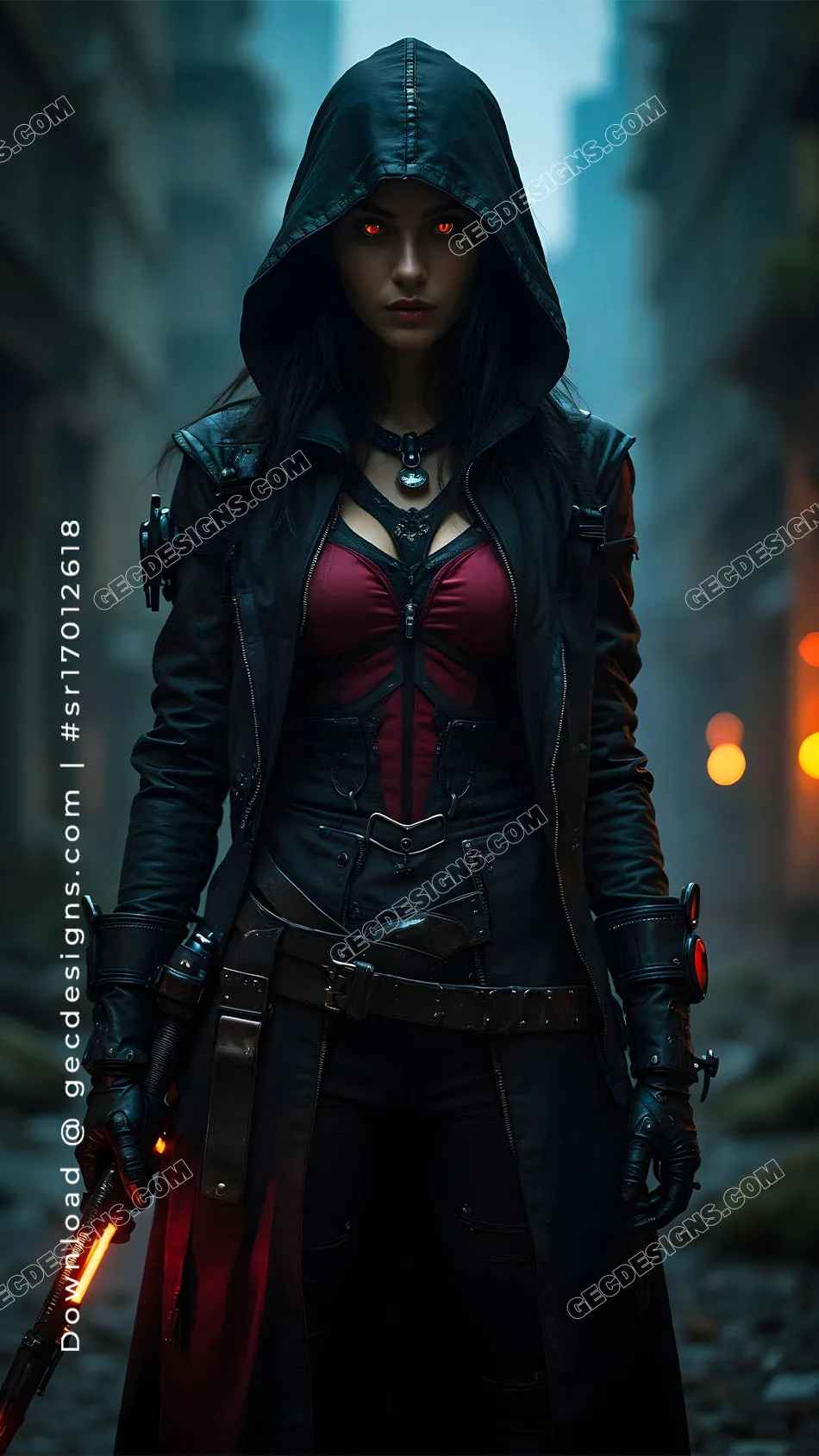 Cyberpunk iPhone Wallpaper Featuring a Dark Hooded Female Warrior with ...