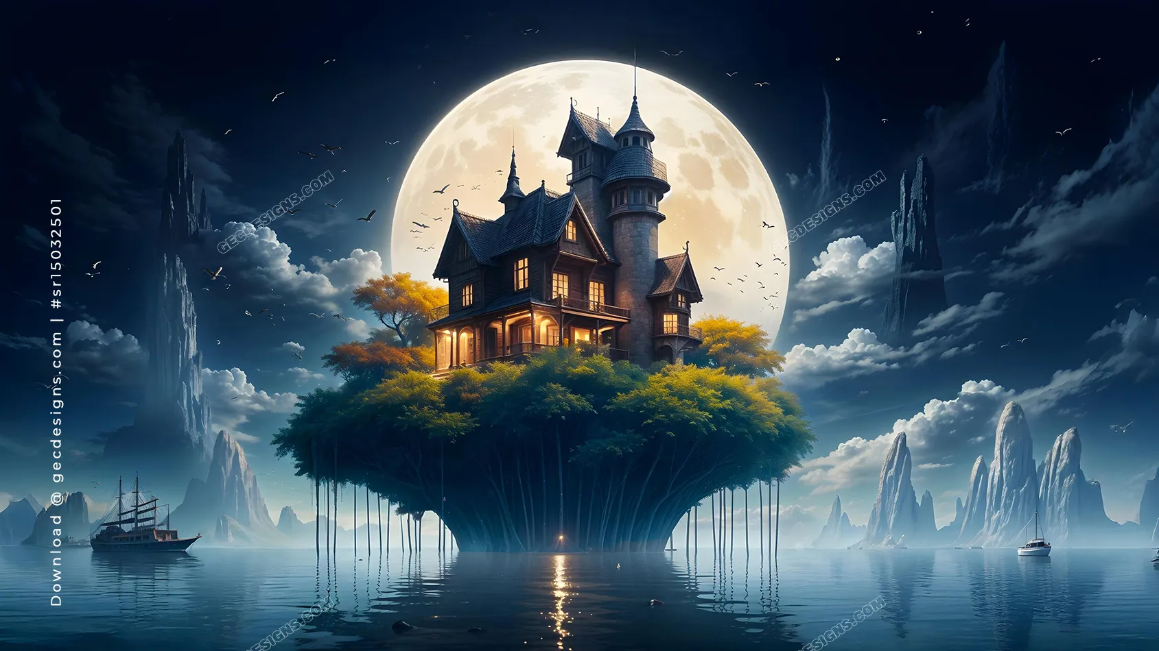 Dark fantasy tree house in a floating island horror background AI ...