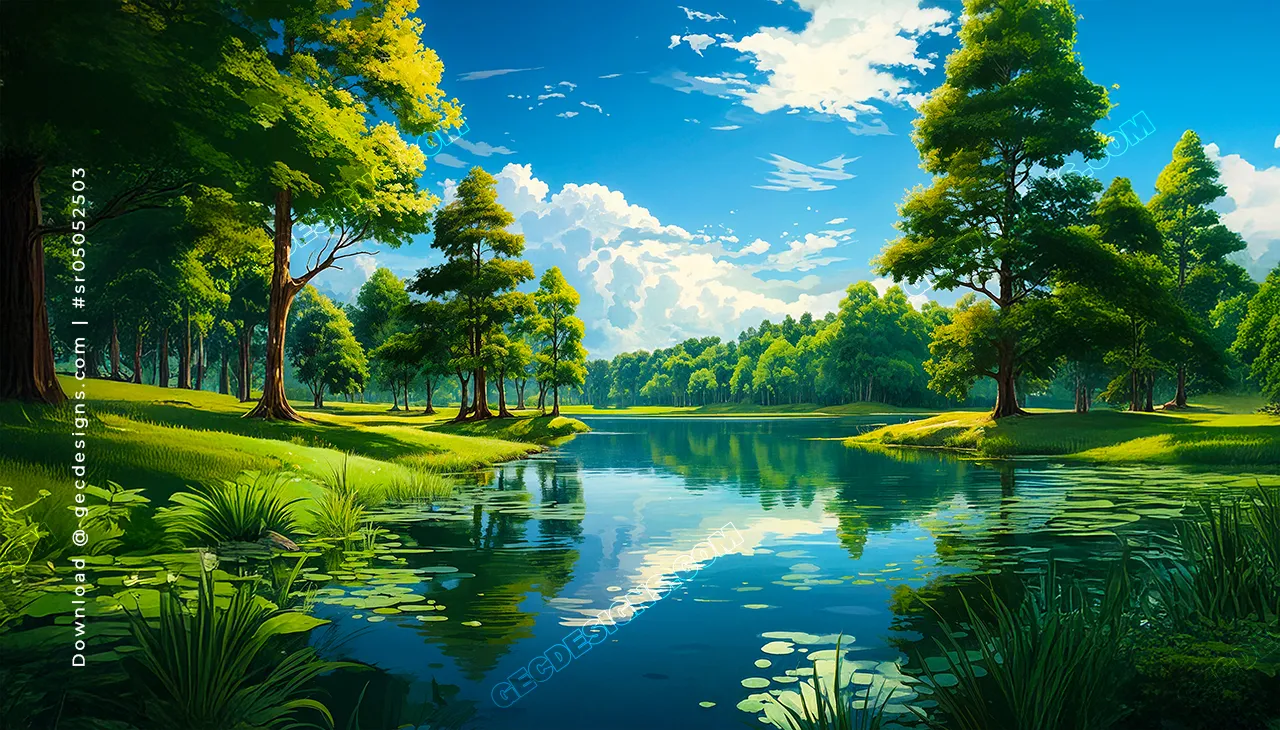 Digital illustration of the serene river flowing through lush green ...