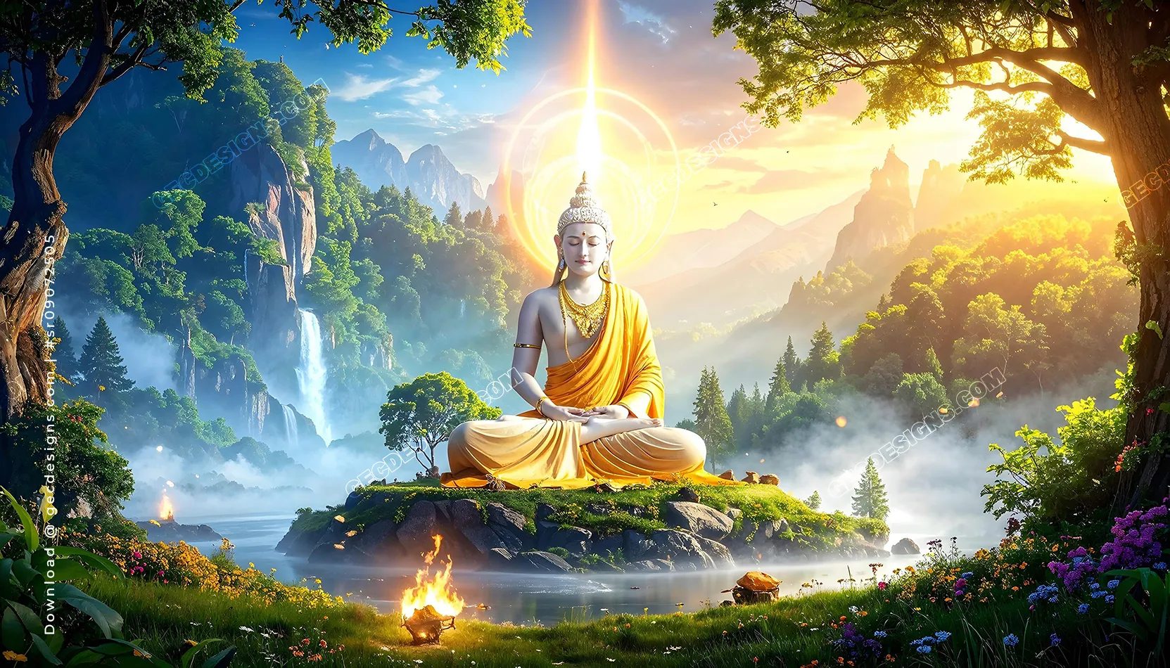 Divine Lord Buddha Guru Purnima Wishes Image with Enlightened Mountain ...