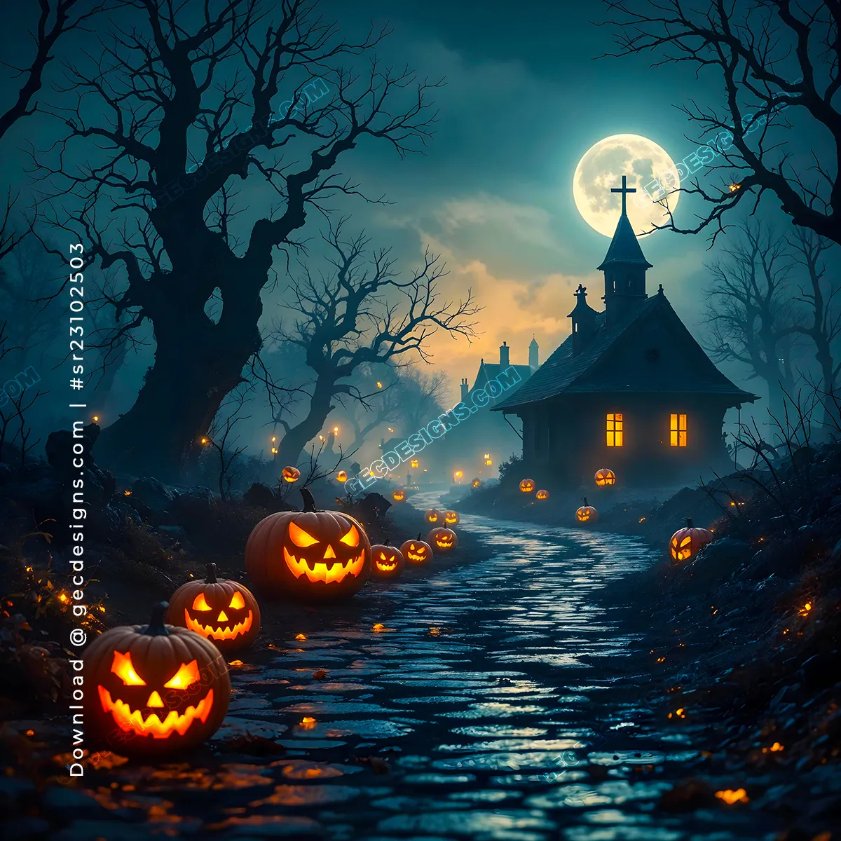 Eerie Halloween Pumpkin Path Background with Haunted Church and Full ...