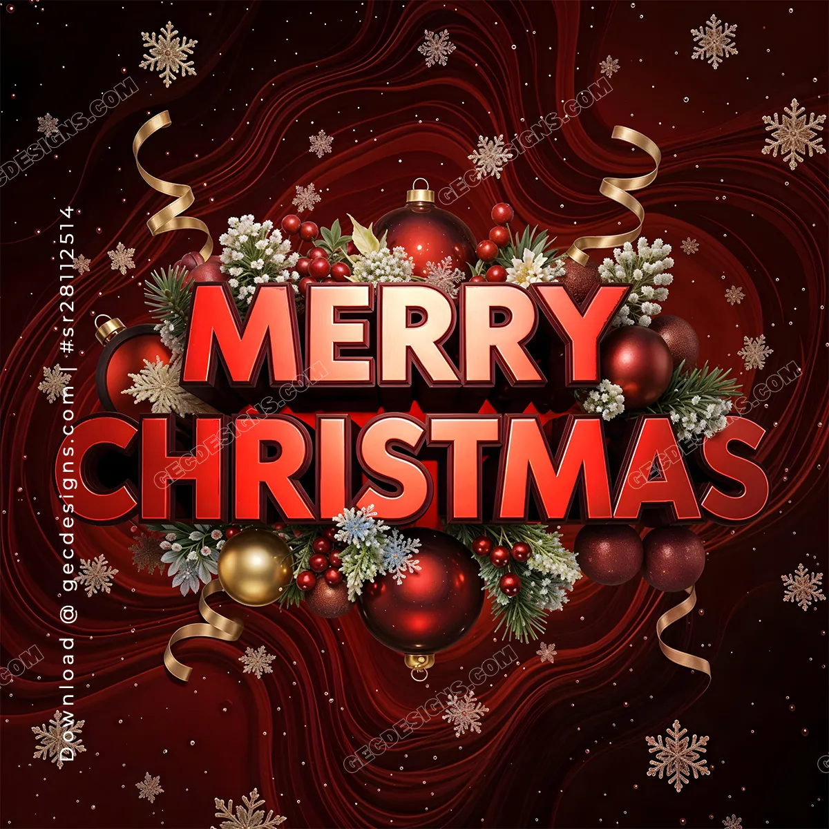 Elegant Merry Christmas image with festive ornaments, red holiday ...
