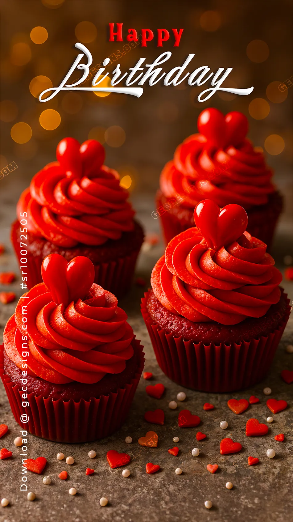 Elegant Red Cupcake Happy Birthday Wishes Image with Heart Toppers and ...