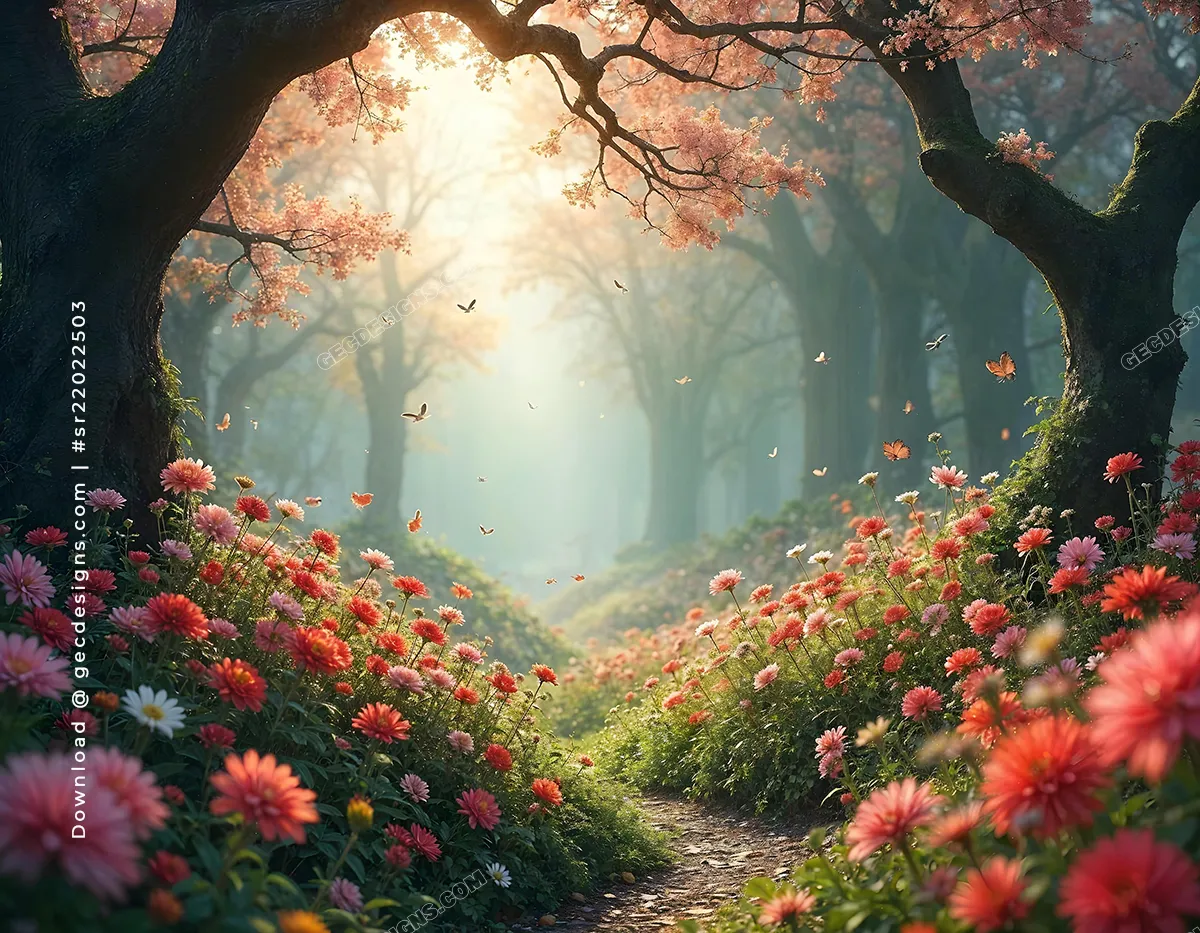 Enchanted Forest with colorful flowers, wallpaper - GEC Designs