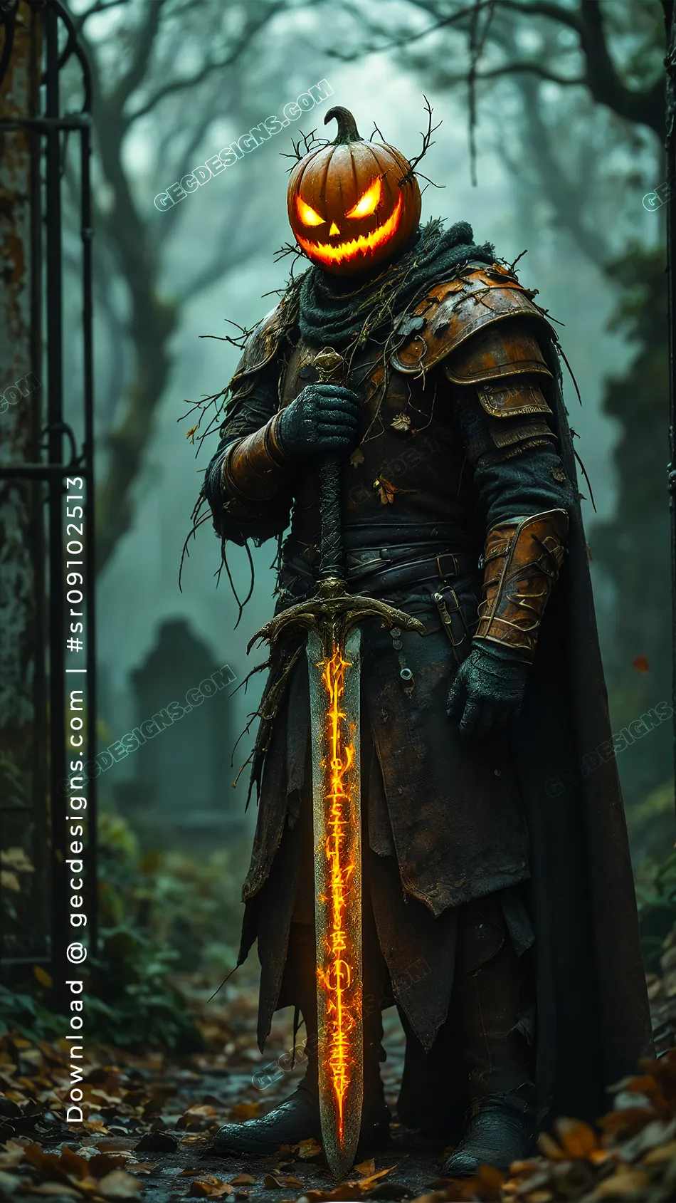 Epic Halloween Image Featuring Pumpkin-Head Warrior with Fiery Sword in Misty Forest Setting ...