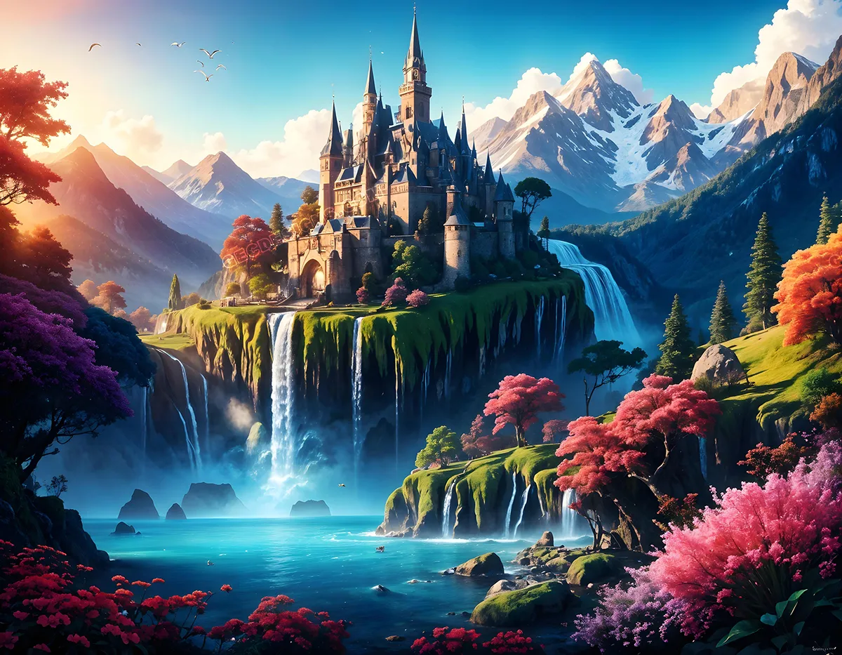 Fairytale Castle on a Mountain with waterfall AI Generated wallpaper ...