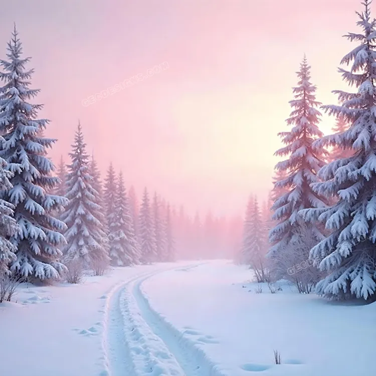 Fantastic Winter landscape in pink tones, Snow Covered pine trees ...