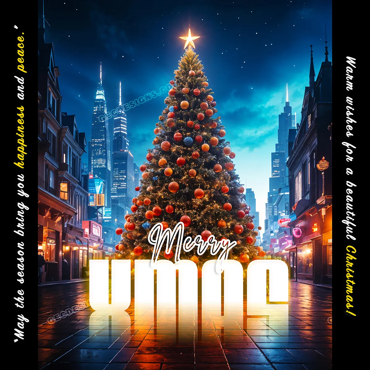 Fantasy Christmas celebration in a cyberpunk city background with neon ...