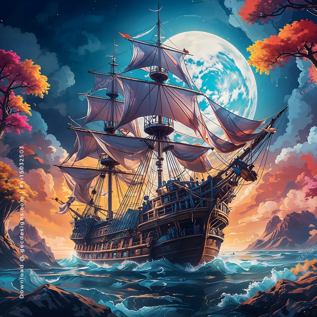 Fantasy illustration of pirate ship colorful sky and full moon background AI Generated wallpaper ...