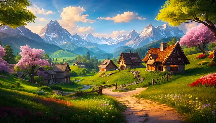 Fantasy Japanese village in the spring season, Mountain background ...