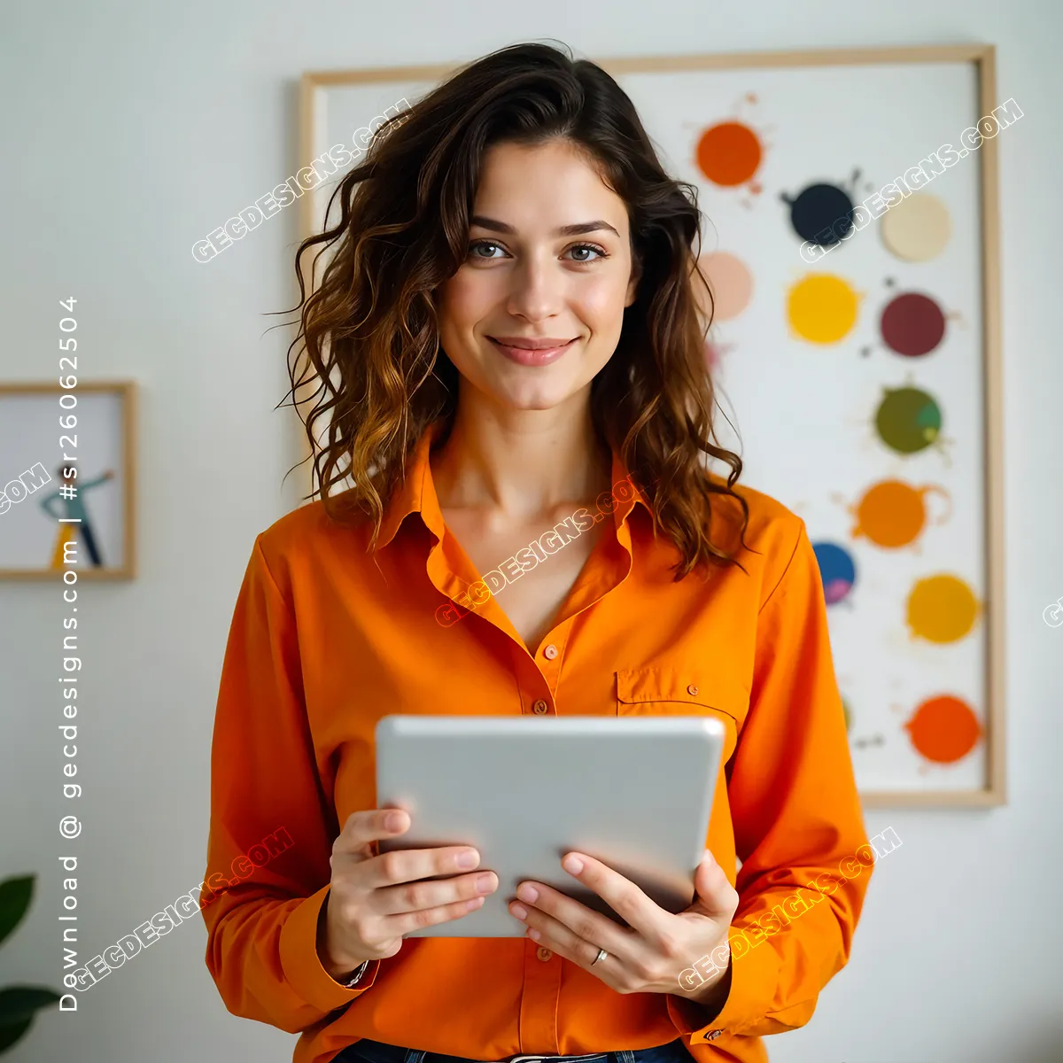 Female Graphic designer with a tablet, Color swatches background image ...