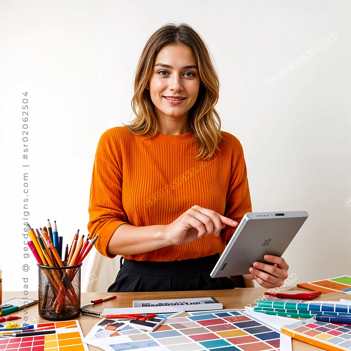 Female Graphic Designer working on tablet color swatches and markers on ...