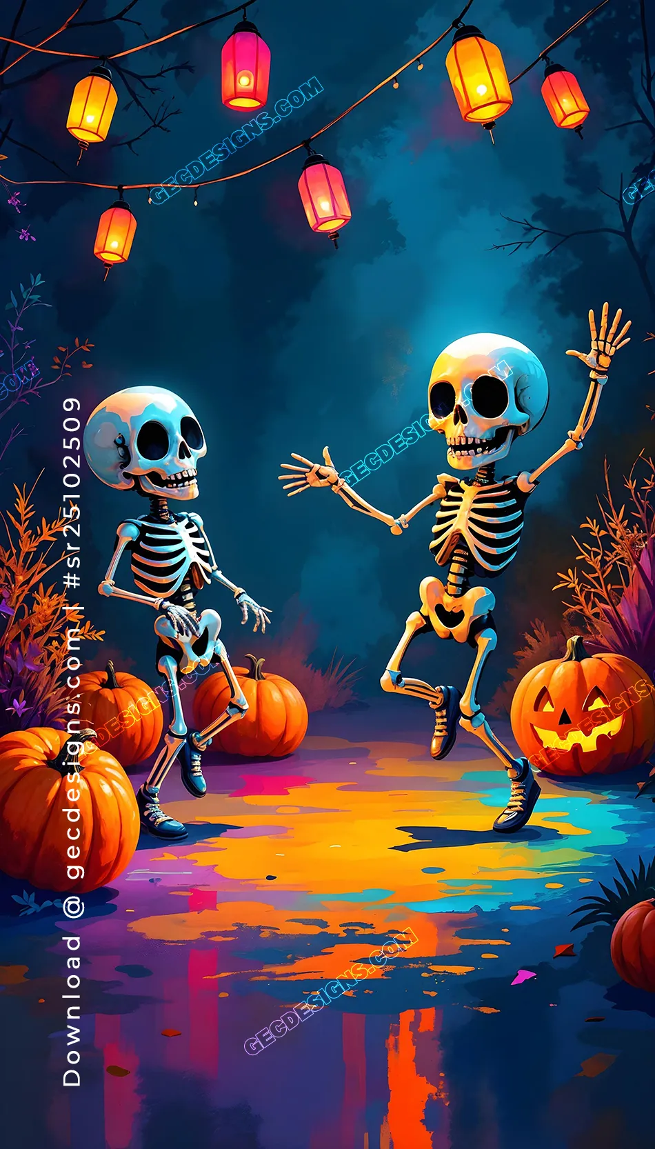 Funny Dancing Skeletons Halloween Image with Pumpkins, Lanterns, and ...