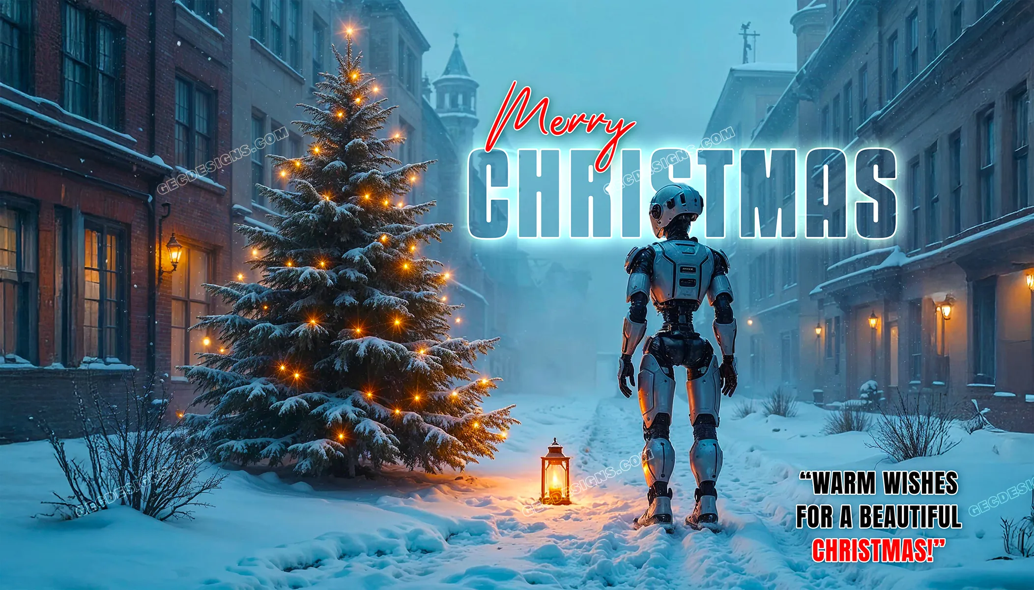 Futuristic Christmas celebration, robot near Christmas tree in snowy ...