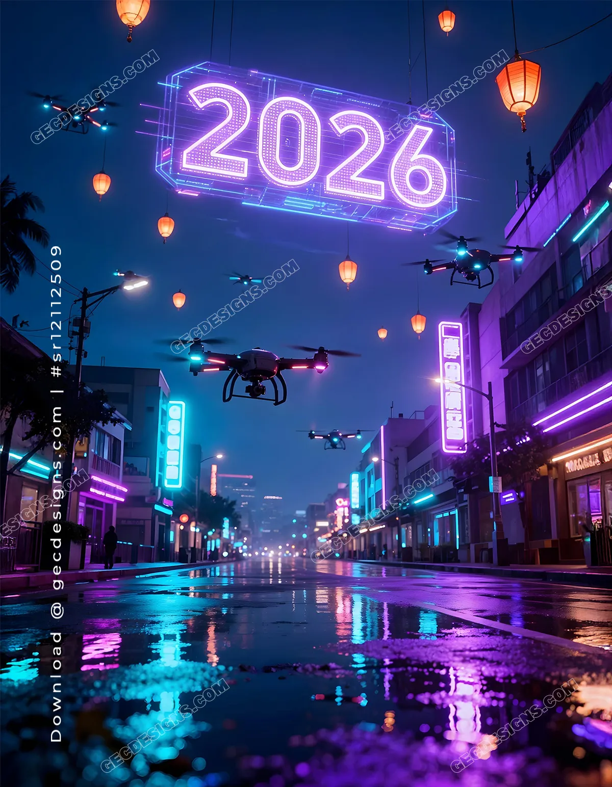 Futuristic Happy New Year 2026 Image with Neon Lights and Drones for a ...