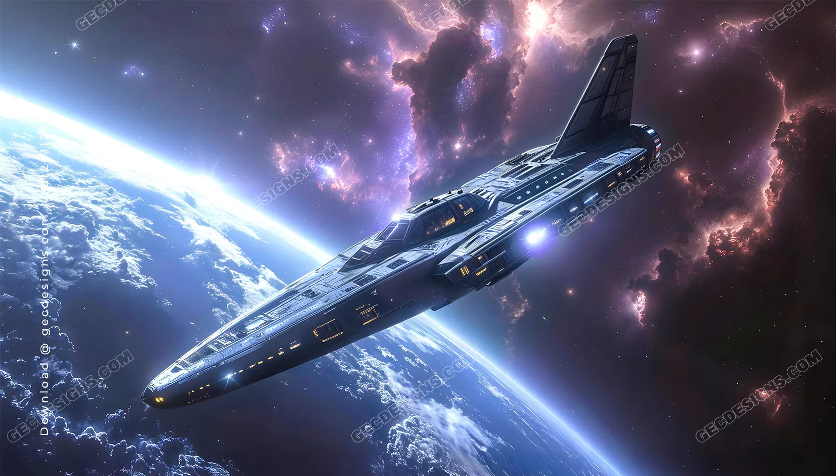 Spaceship image featuring a sleek futuristic starship blazing through ...